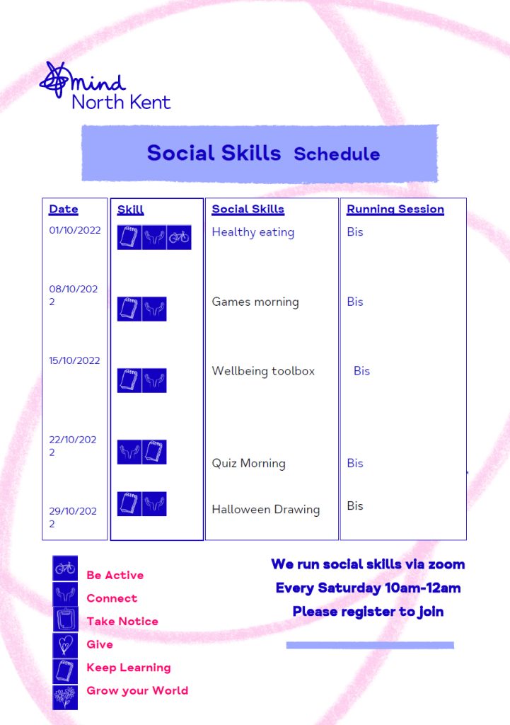 Wellbeing Service Social Skills Schedule for October – North Kent Mind